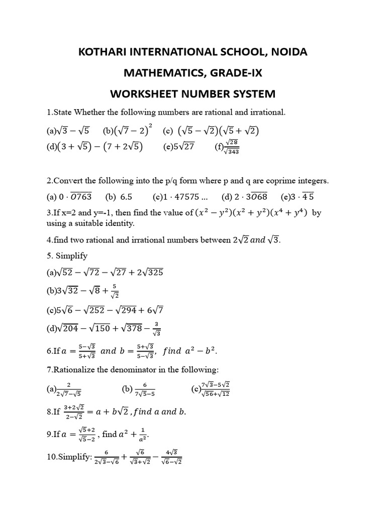 Grade IX Math Worksheet: Number System | PDF