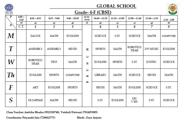 Gr. 4-F (CBSE) Time Table 2025-26 | PDF