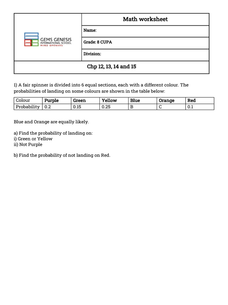 8th Grade Probability and Geometry Worksheet | PDF | Cartesian ...