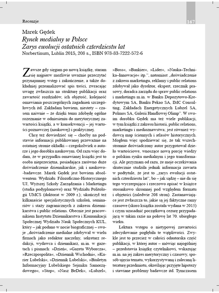 Marek Gędek Rynek Medialny W Polsce | PDF