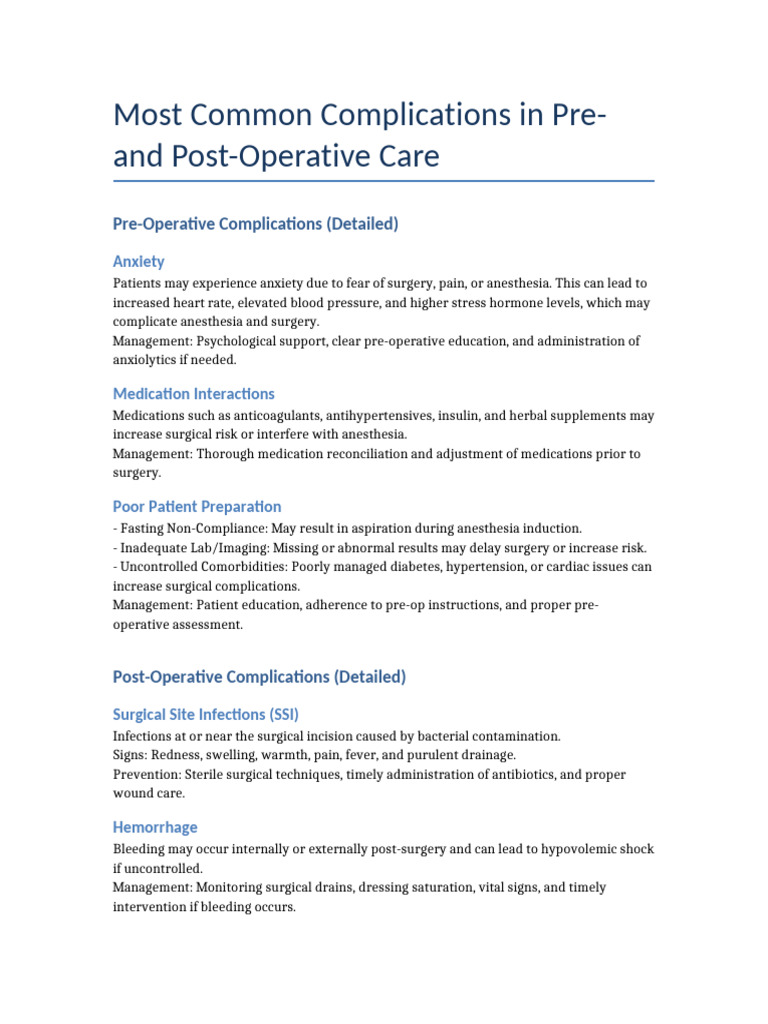 Pre- and Post-Operative Complications | PDF | Thrombosis | Surgery