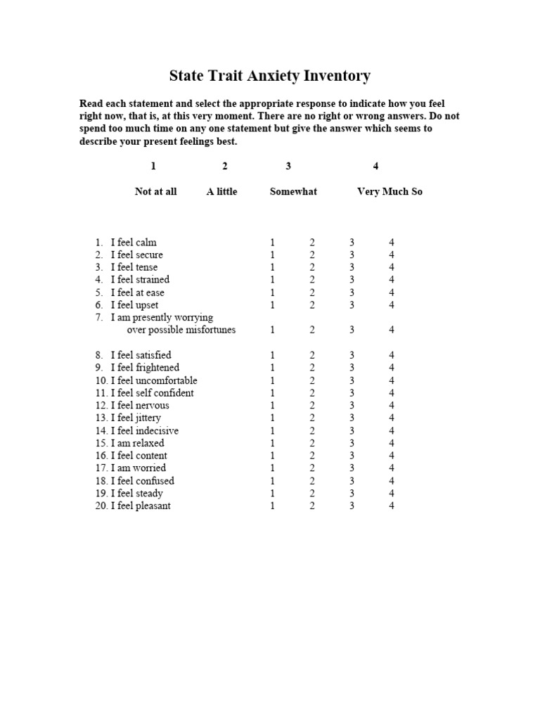 State Trait Anxiety Inventory Questionnaire | PDF