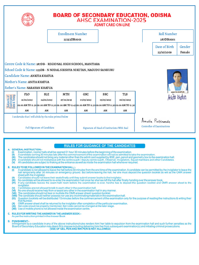 Class 10th Students Admit Card | PDF
