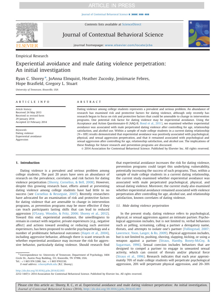Experiential Avoidance and Male Dating Violence Perpetration An Initial ...