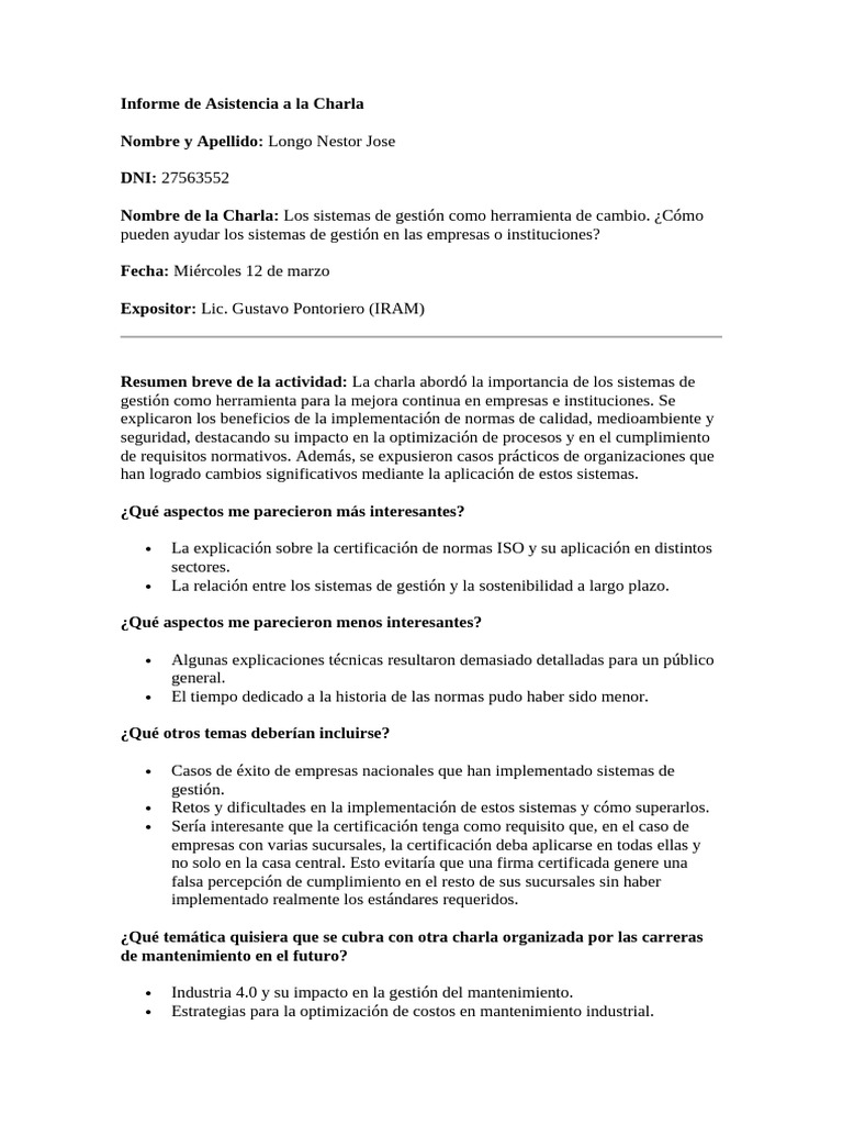 Informe de Asistencia a la Charla | PDF