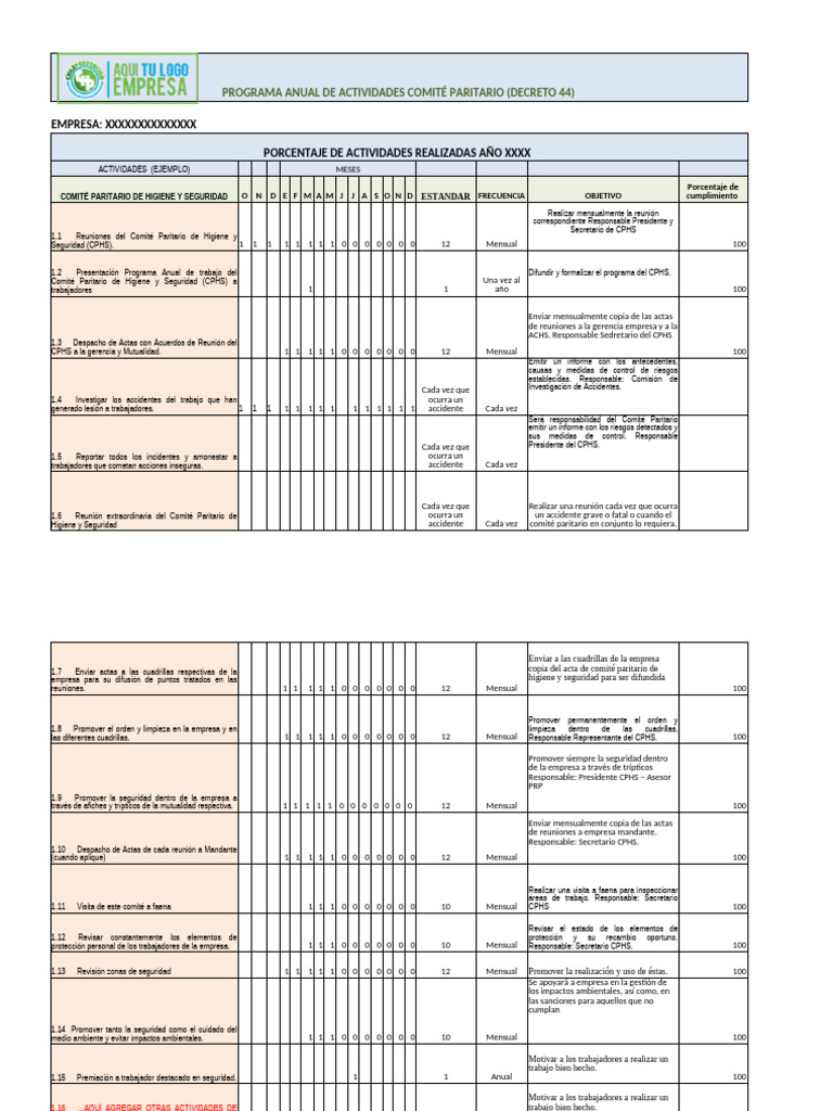 Programa Anual Carta Gantt Comite Paritario DS 44 | PDF