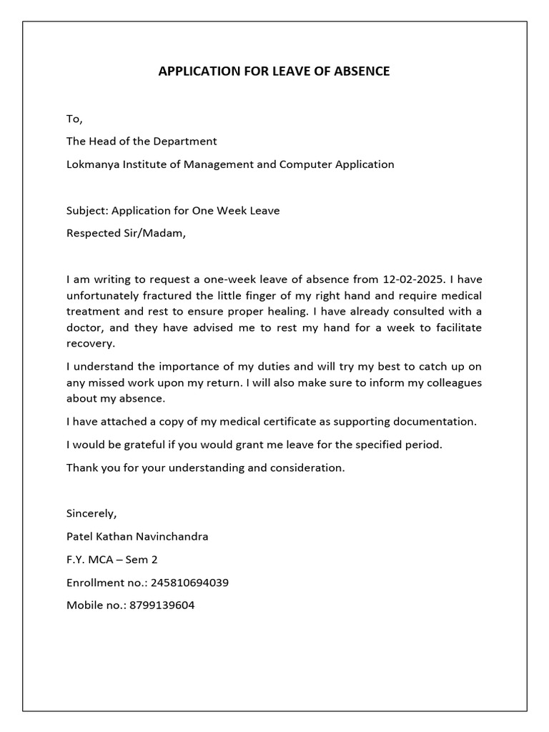 One Week Leave Application for Injury | PDF