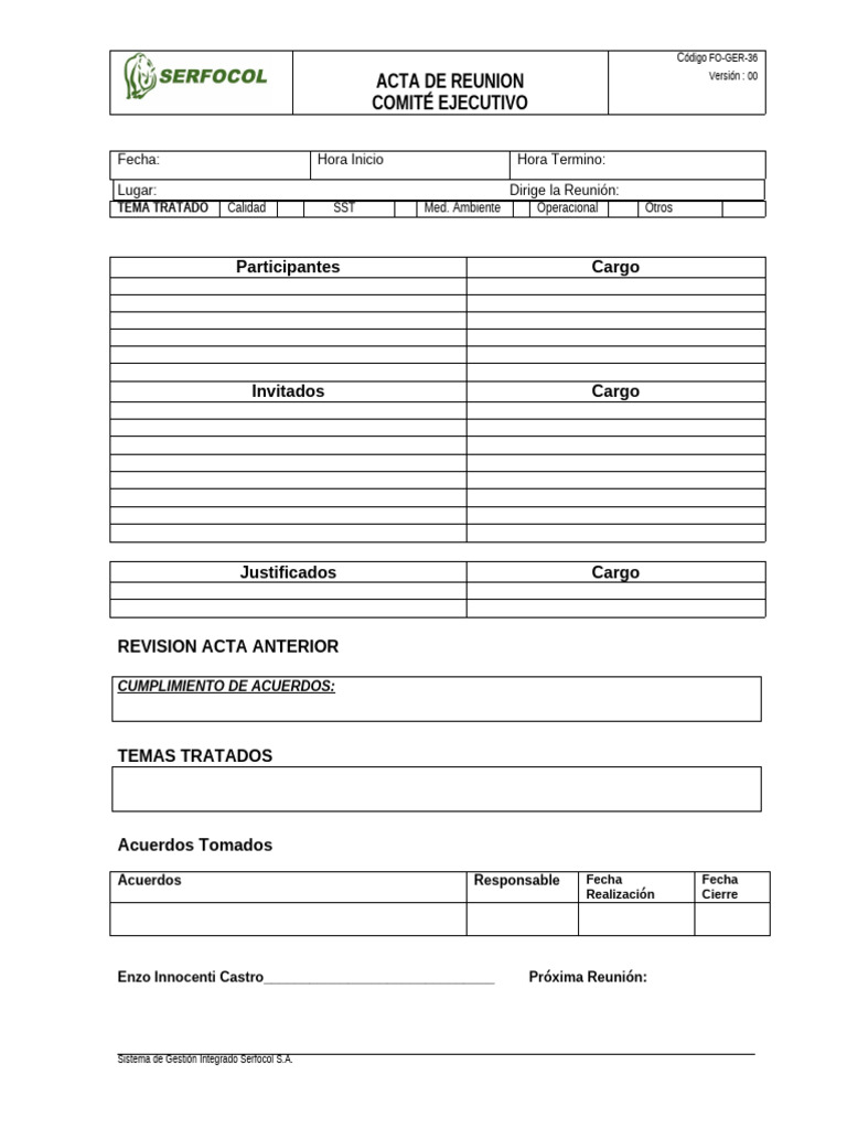 FO-GER-36 ACTA DE REUNION COMITE EJECUTIVO (Version 00) | PDF