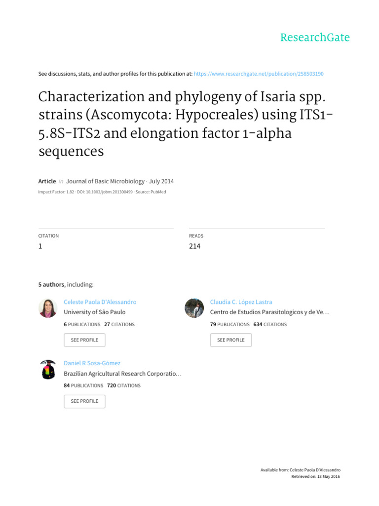 Paper Caracterization and Phylogenia of Isaria SPP - D'Alessandro 2013 ...