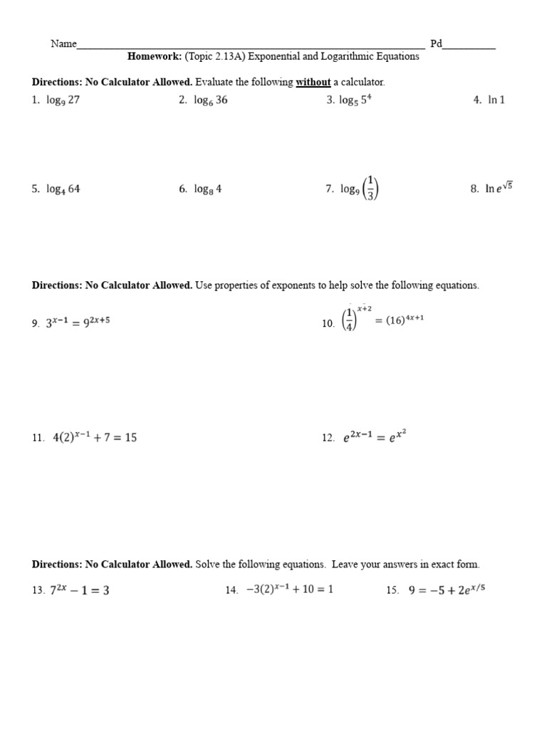 2. HW Topic 2.13A Exponential and Logarithmic Equations | PDF