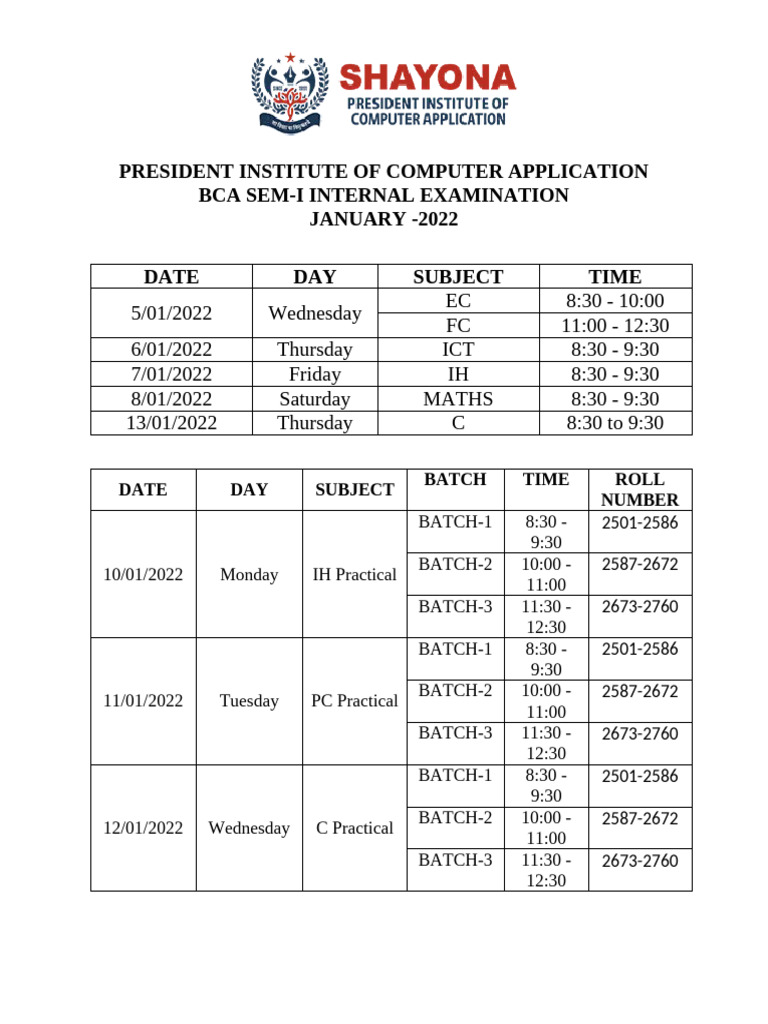 Sem1 - InternalExam Time Table | PDF