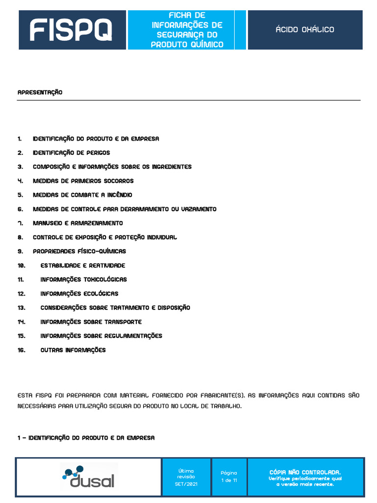 FISPQ: Segurança do Ácido Oxálico | PDF | Queimadura | Química