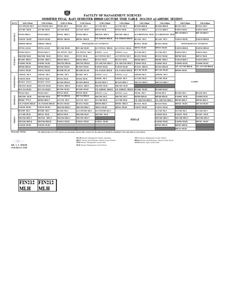 MODIFIED FINAL RAIN SEMESTER LECTURE TIME TABLE 2024-2025 | PDF