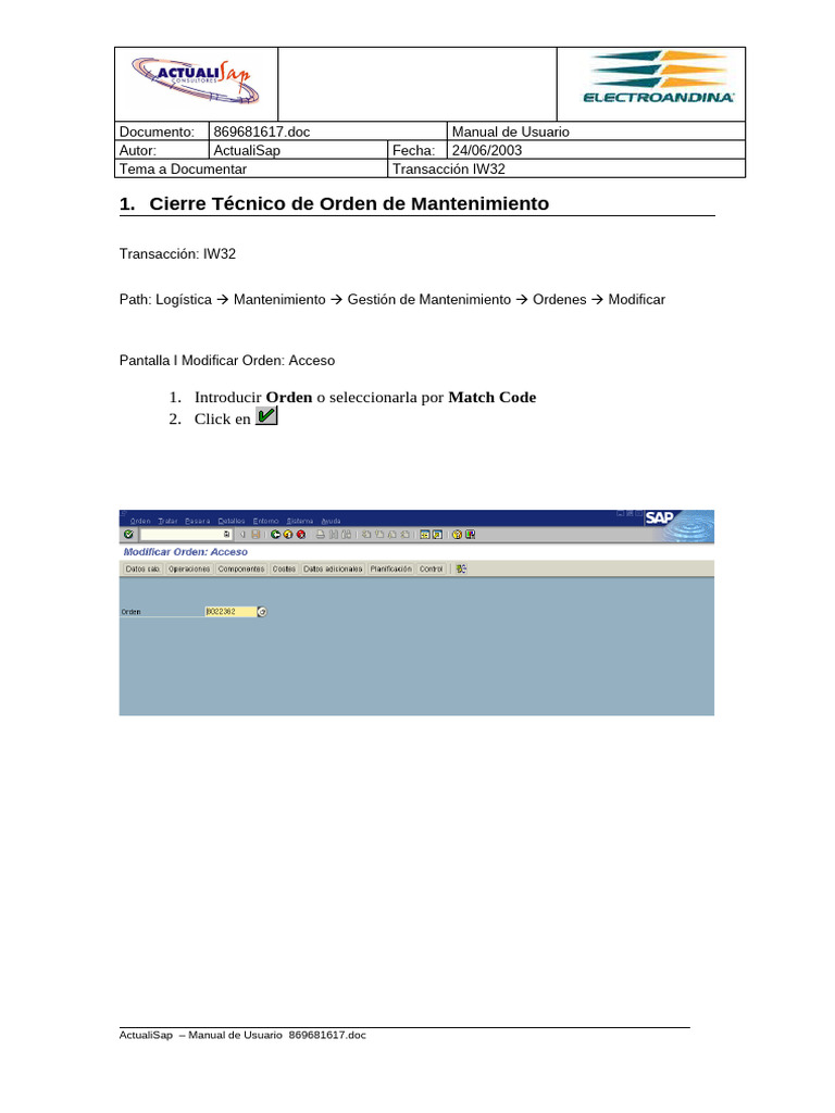 Cierre Técnico en IW32: Guía Rápida | PDF
