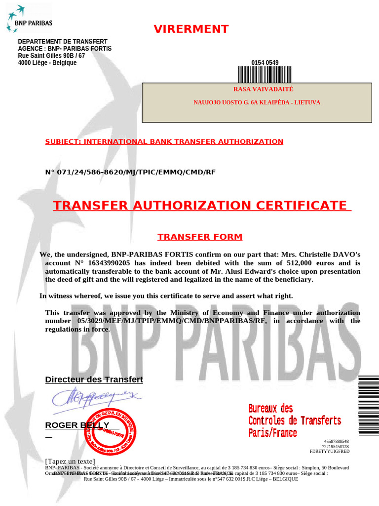 Certification D'autorisation de Virement Alusi | PDF | Bnp Paribas | Banks