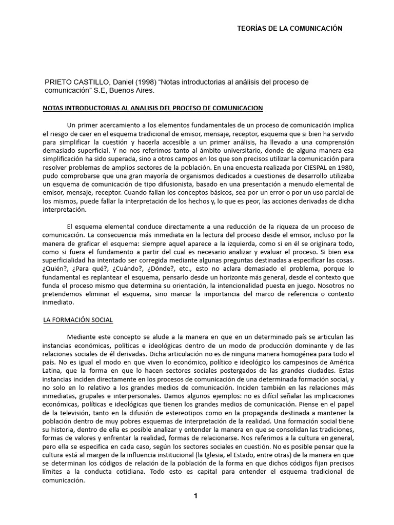 Prieto - Castillo - Notas Introductorias Al Analisis Del Proceso de Comunicacion | PDF ...