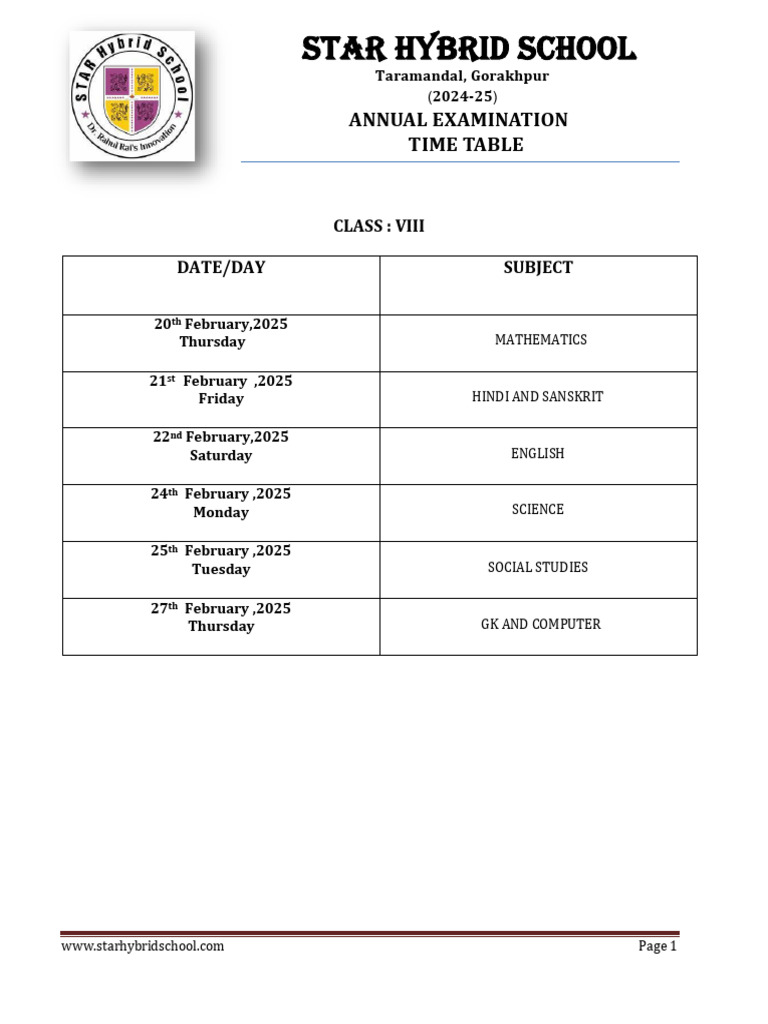 Class VIII Annual Exam Timetable 2025 | PDF