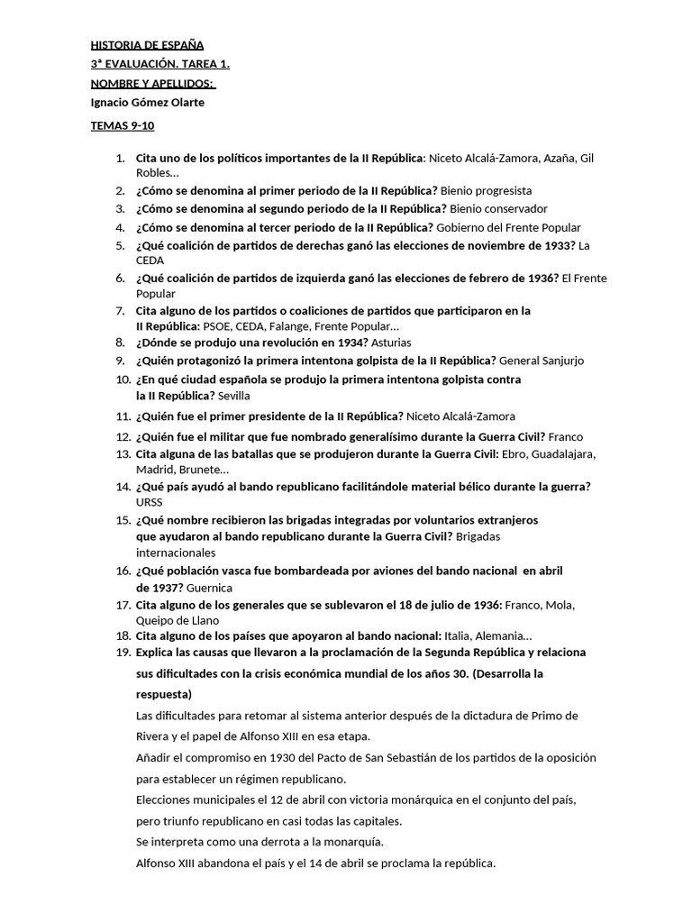 Gómez Olarte Ignacio Trimestre 3. Tarea 1. | PDF | guerra civil Española | España