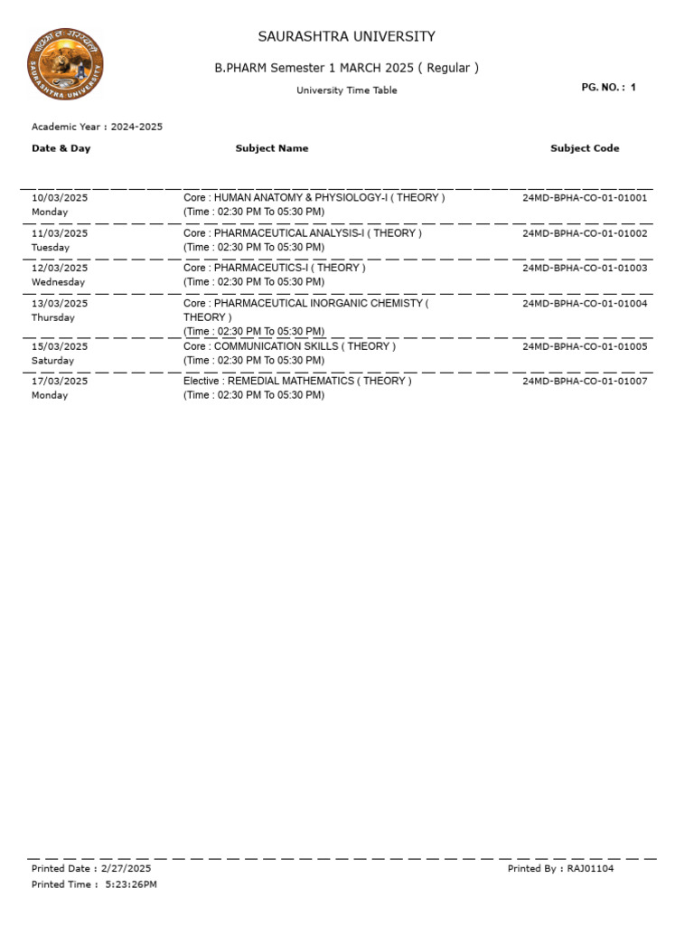 B.Pharm Semester 1 Exam Timetable 2025 | PDF