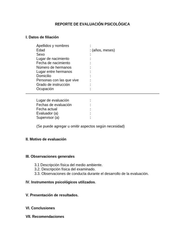 FORMATO DE REPORTE DE EVALUACION PSICOLOGICA | PDF