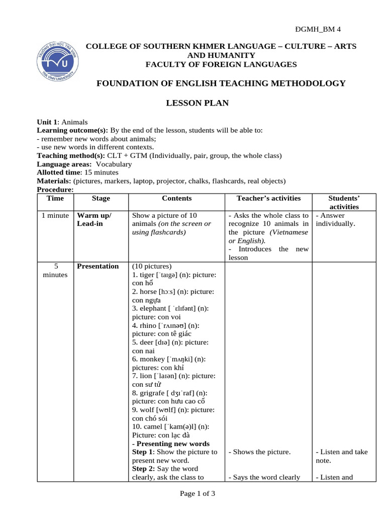 English Lesson Plan: Animals Vocabulary | PDF | Communication | Cognition
