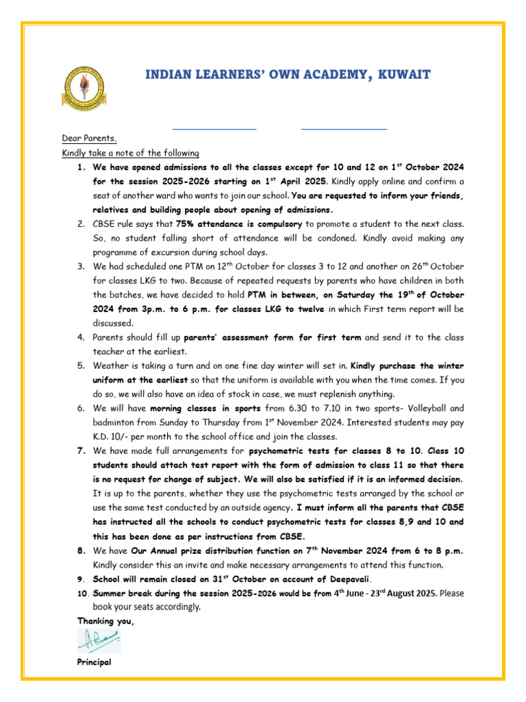 PTM Schedule and Admissions Update 2025 | PDF