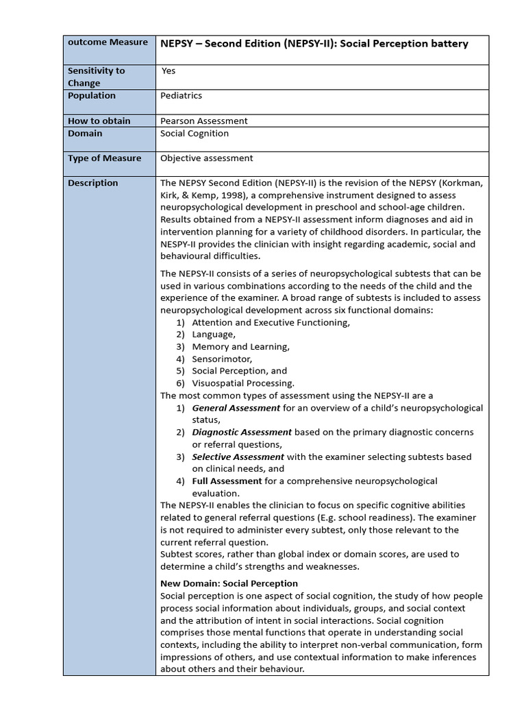 NEPSY-II: Social Perception Assessment | PDF | Wechsler Adult ...
