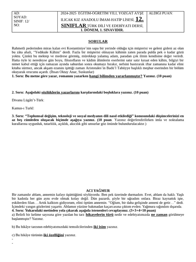 2024-2025 Tde 12 1.D. 1.sinav | PDF