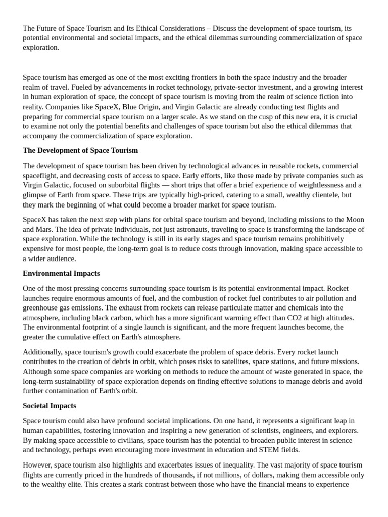 Ethical Implications of Space Tourism | PDF | Outer Space | Space ...