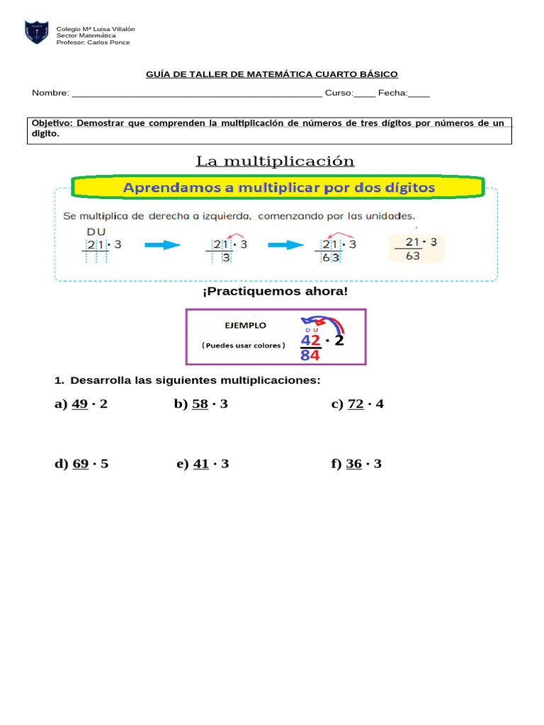 Guía de Matemáticas: Multiplicación 4° Básico | PDF