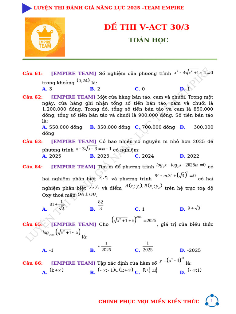 Đề Thi Toán Vact 30-3 | PDF