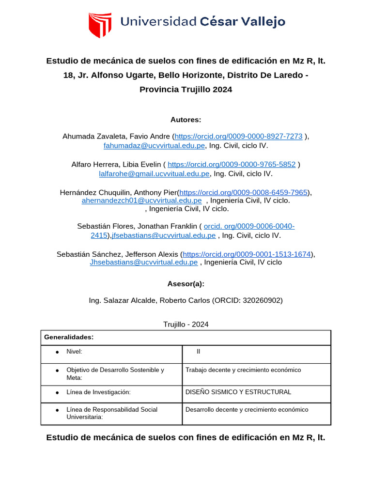Estudio de Mecánica de Suelos Con Fines de Edificación en MR, Lt. 18, Jr. Alfonso Ugarte, Bello ...