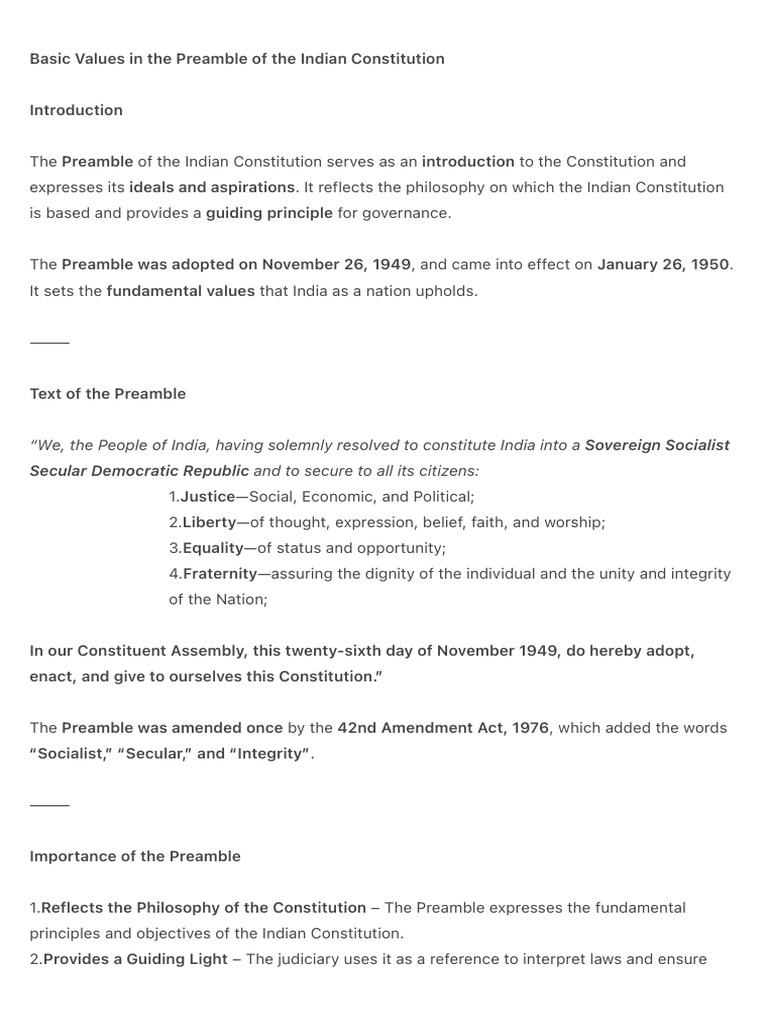 Basic Values in The Preamble of The Indian Constitution | PDF | Legal Documents | Political Charters