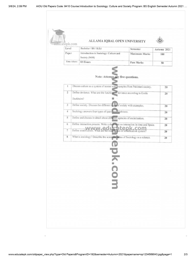 AIOU Old Papers Code - 9410 | PDF