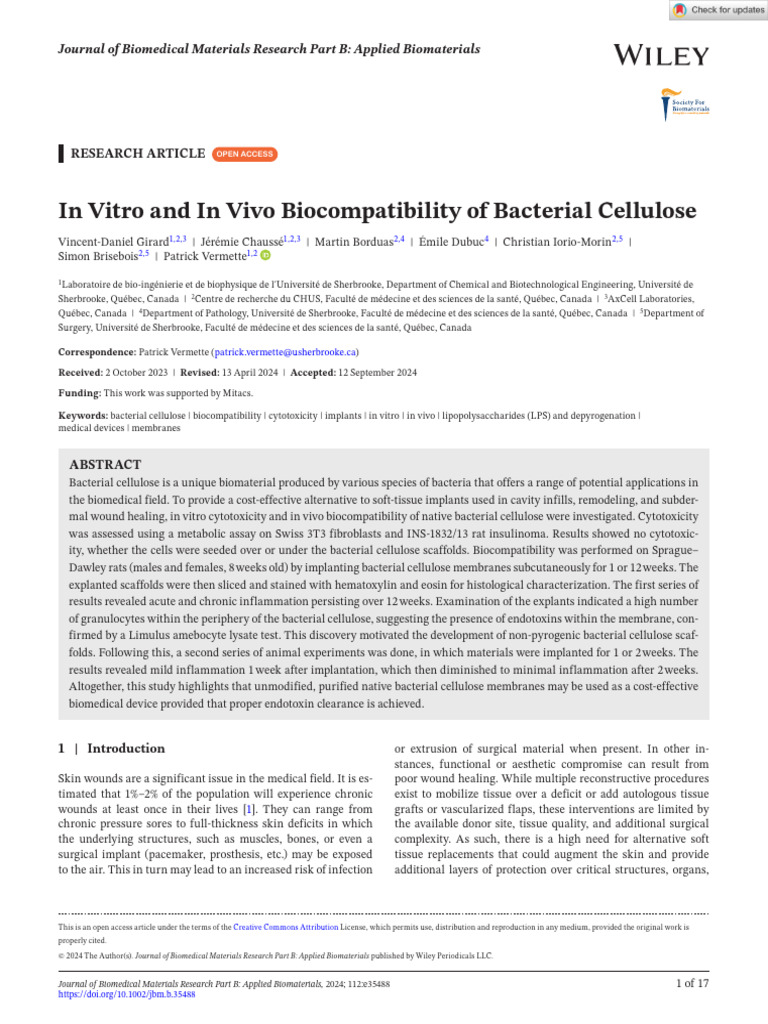 In Vitro and in Vivo Biocompatibility of Bacterial Cellulose | PDF ...