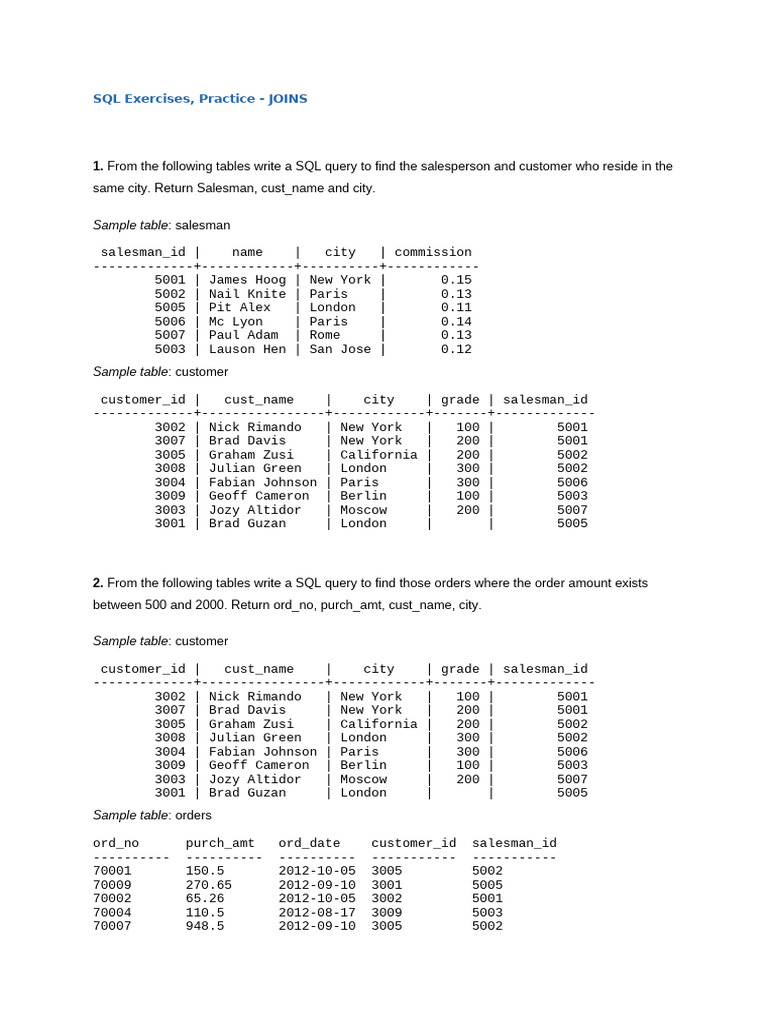 SQL JOINS Exercises and Queries | PDF | Data Management | Databases