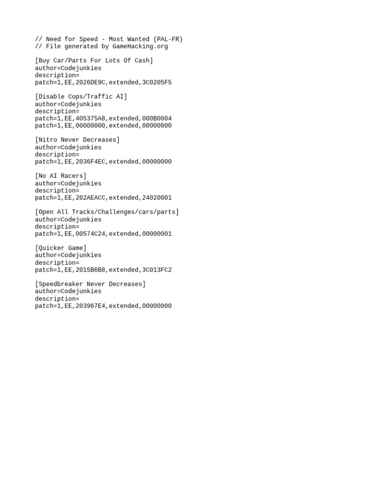 NFS Most Wanted Cheat Codes and Patches | PDF
