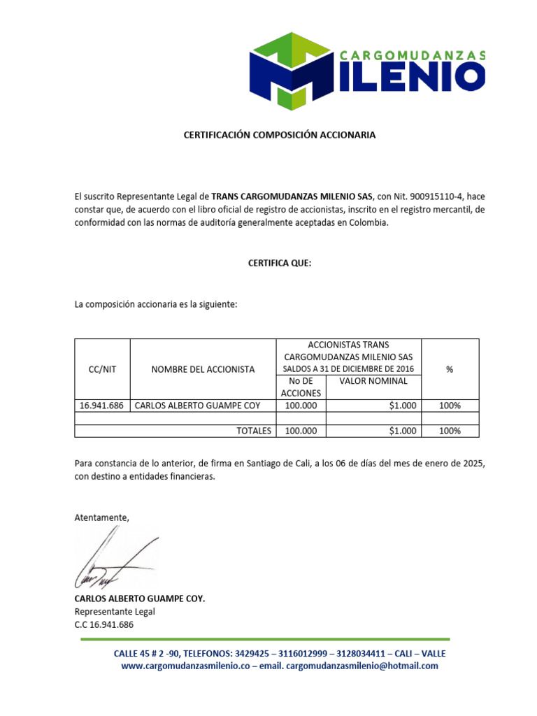 Certificacion Composicion Accionaria 2025 | PDF