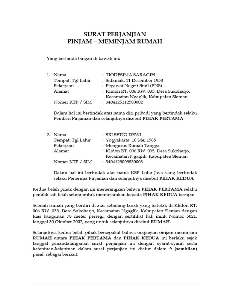 Surat Perjanjian Pinjam Meminjam Rumah 1 | PDF