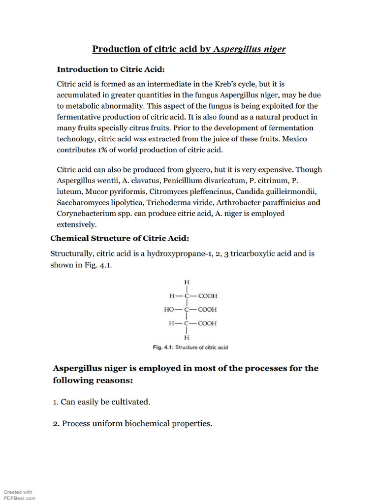 Citric Acid Production by Aspergillus niger | PDF