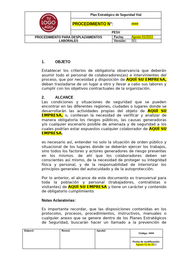 Procedimiento Para Desplazamientos Laborales | PDF | Planificación estratégica | Business