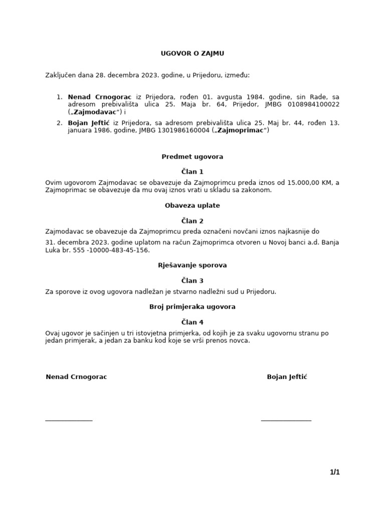 Ugovor o Zajmu - 02dec21 | PDF