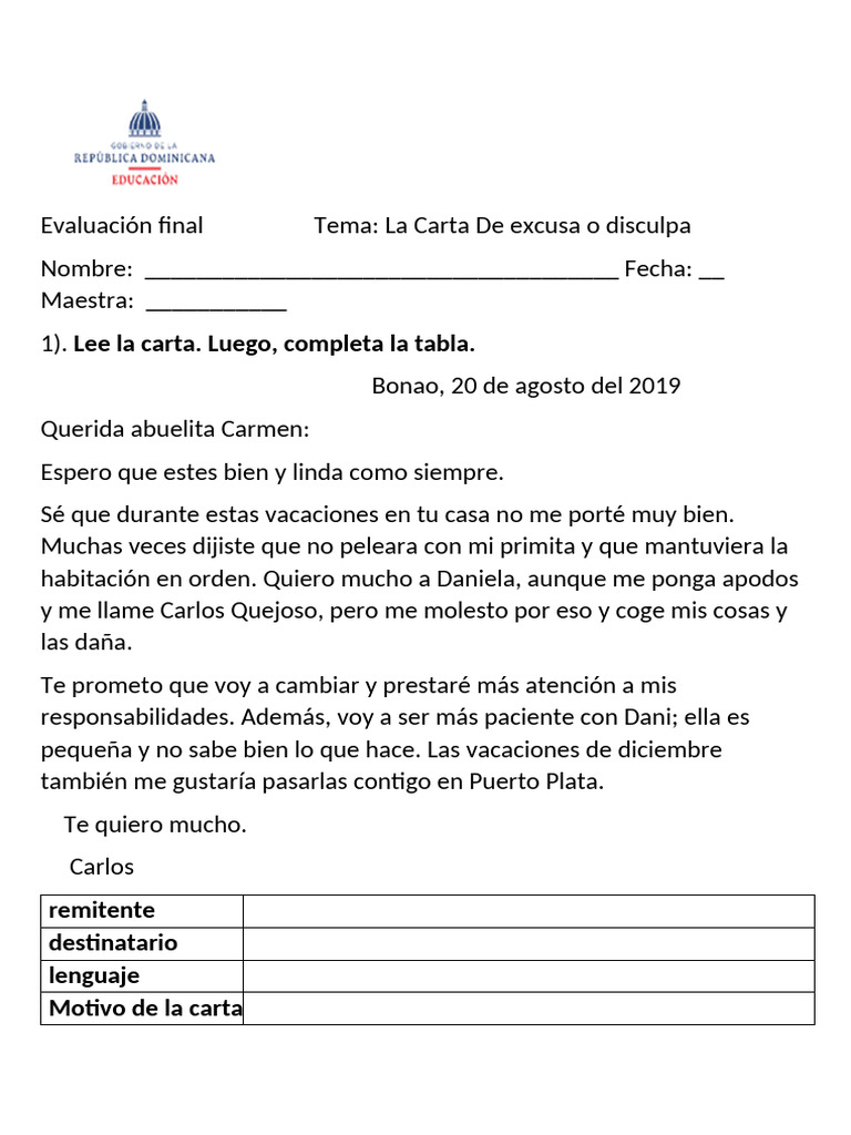 Evaluacion del tema la carta de excusa | PDF