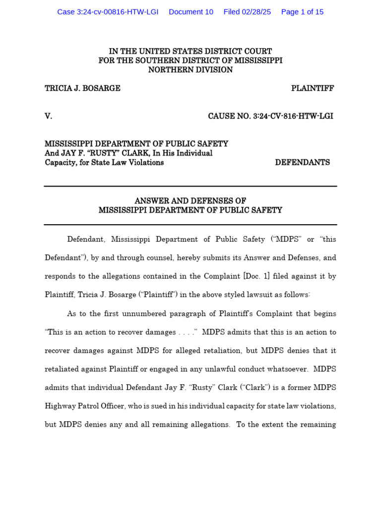 MDPS Response to Bosarge Complaint | PDF | Incorporation Of The Bill Of ...