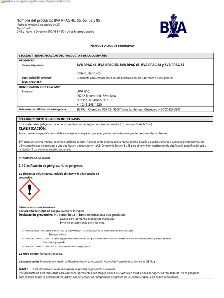 Polyalkylene Glycol COMPRESOR - BVA | PDF | Residuos | Toxicidad