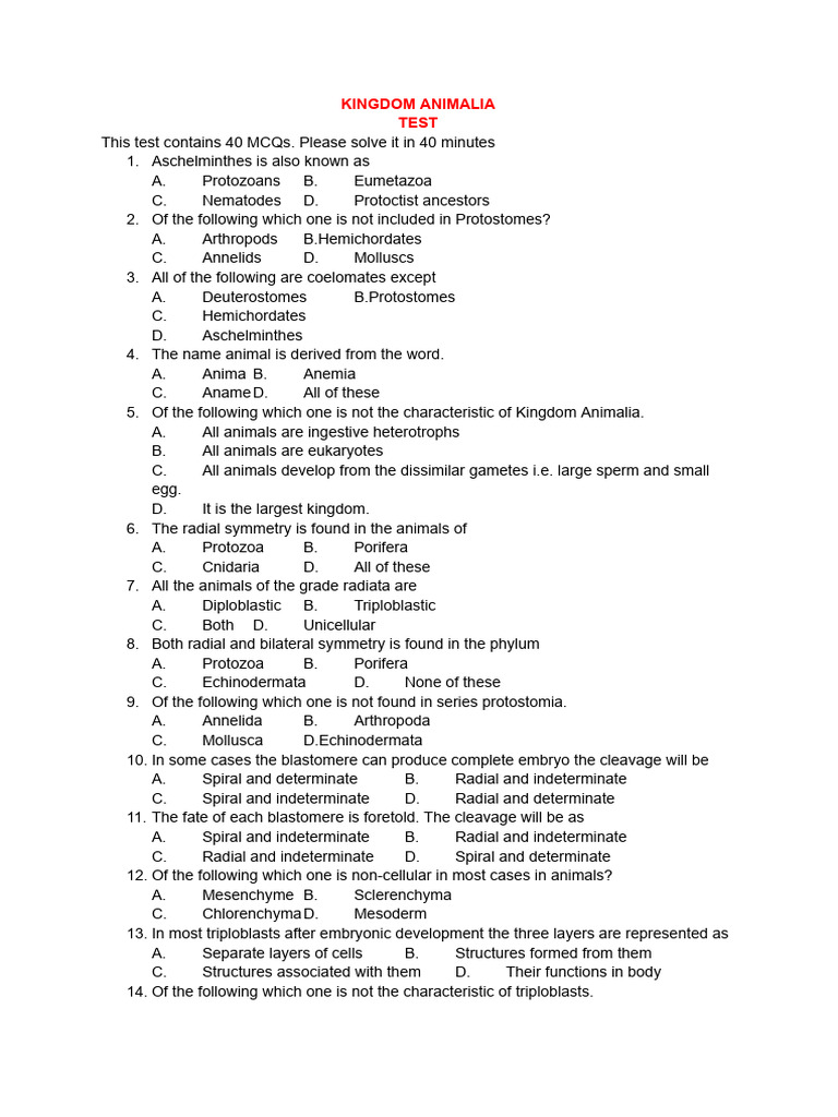 MCQs on Kingdom Animalia Test | PDF | Invertebrate | Biology