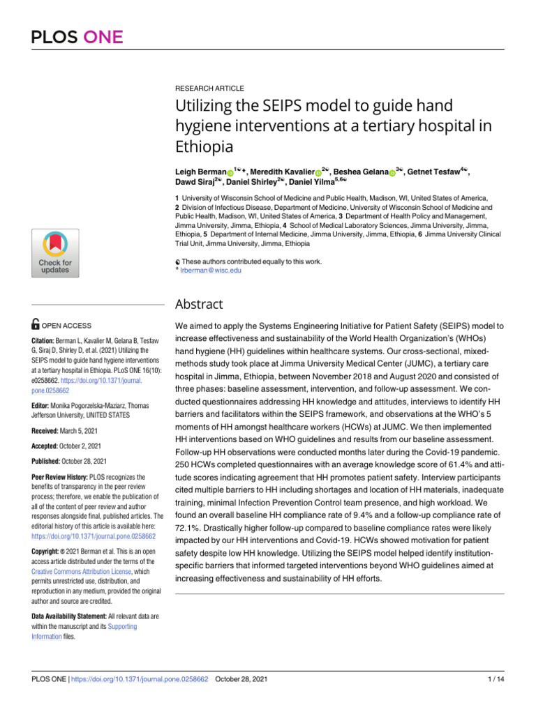 Utilizing The SEIPS Model To Guide Hand Hygiene - PlosOne 2021 | PDF ...
