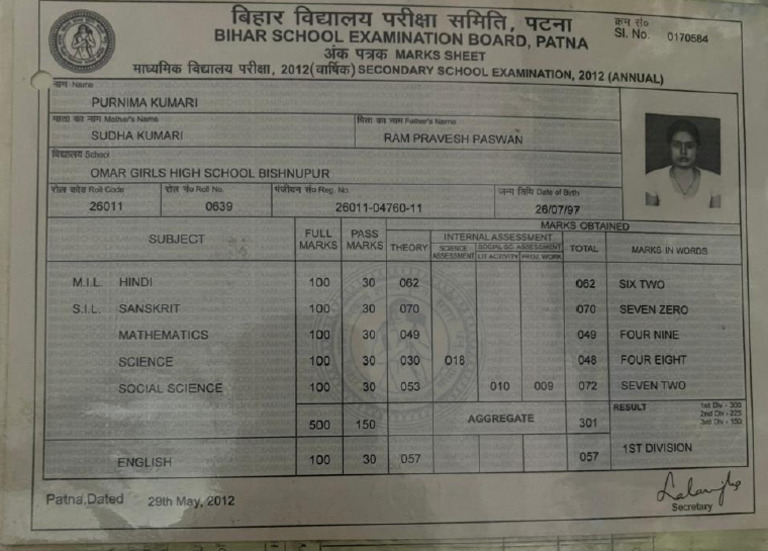 Purnima Matric Marksheet | PDF