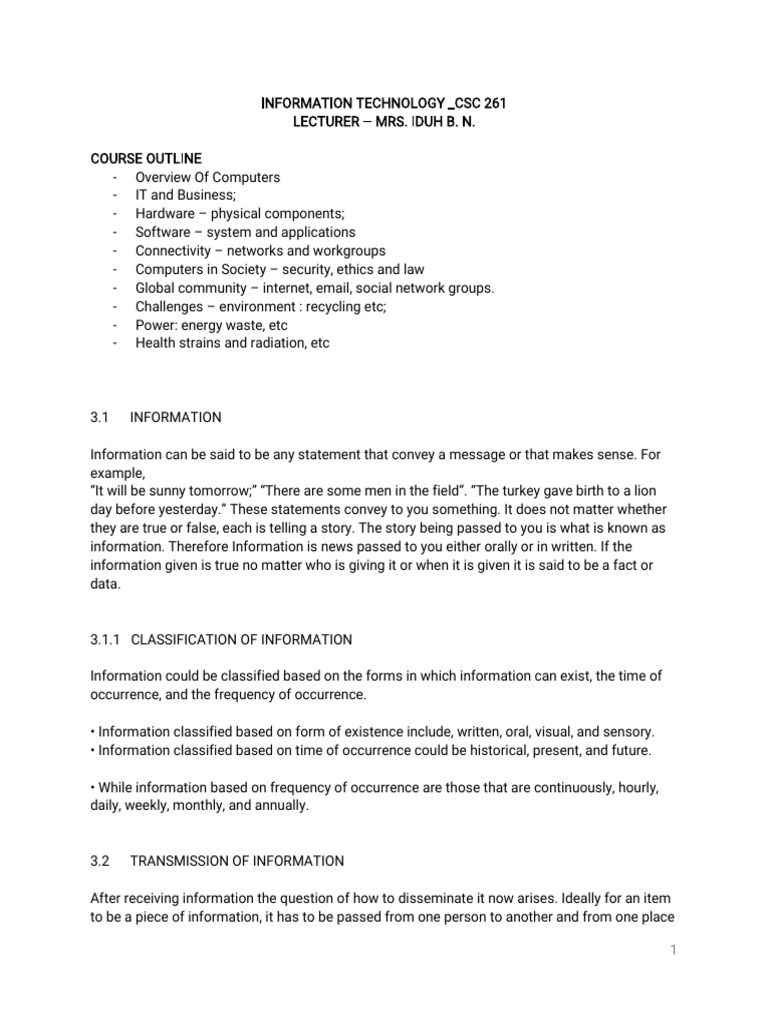 Information Technology CSC 261-1-1 | PDF | Graphical User Interfaces | Computer Hardware