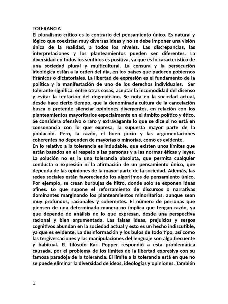 TOLERANCIA | PDF | Tolerancia | Pensamiento